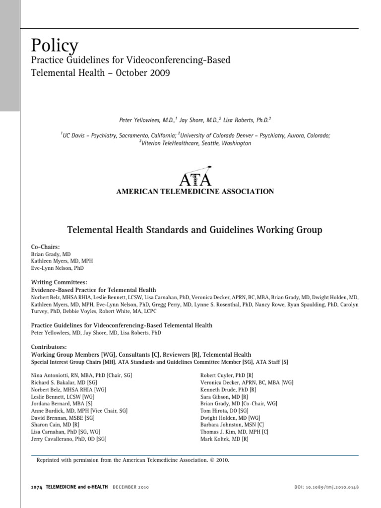 Yellowlees - Practice Guidelines For Videoconferencing-Based Health 2010 | PDF