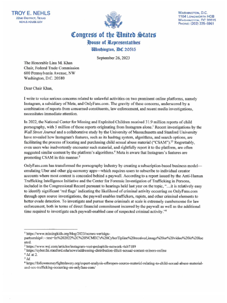 Rep. Troy Nehls' Letter To FTC, September 26, 2023 | PDF