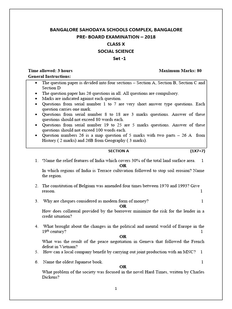 Sahodaya Class 10 Social Science Paper | PDF