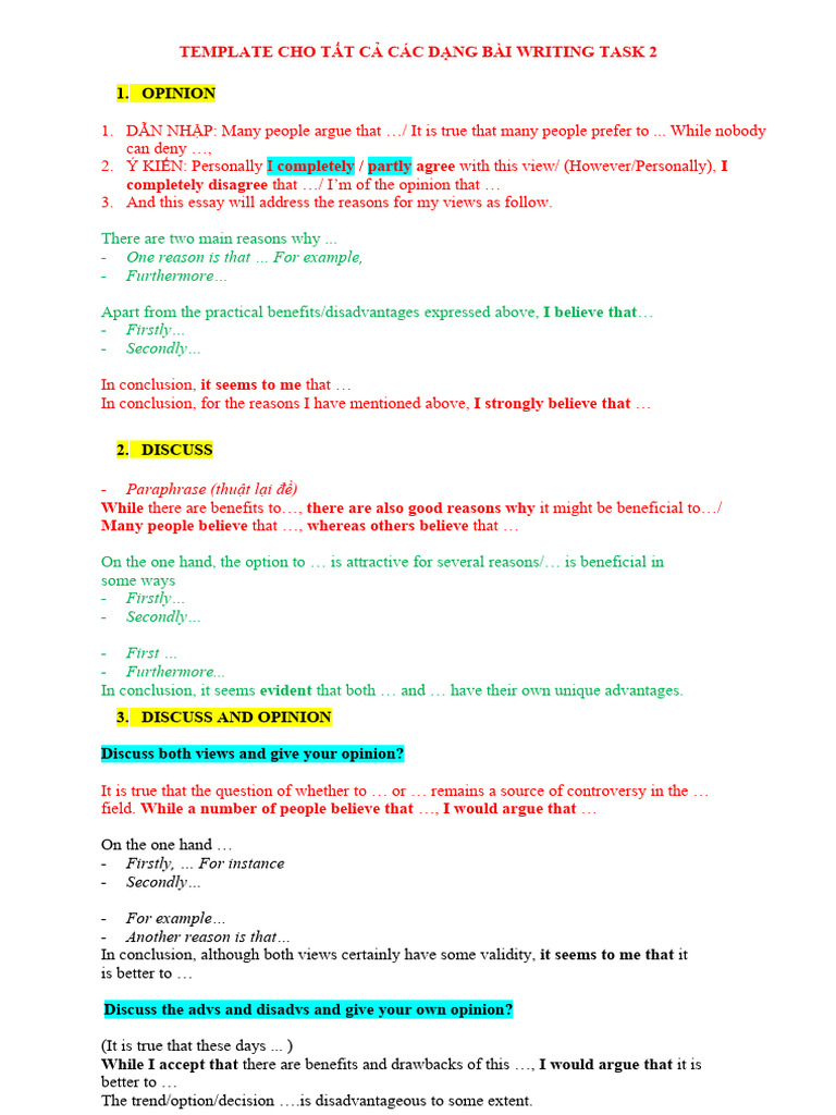 Template Các D NG Bài Writing Task 2 - Ielts Ngocbach | PDF