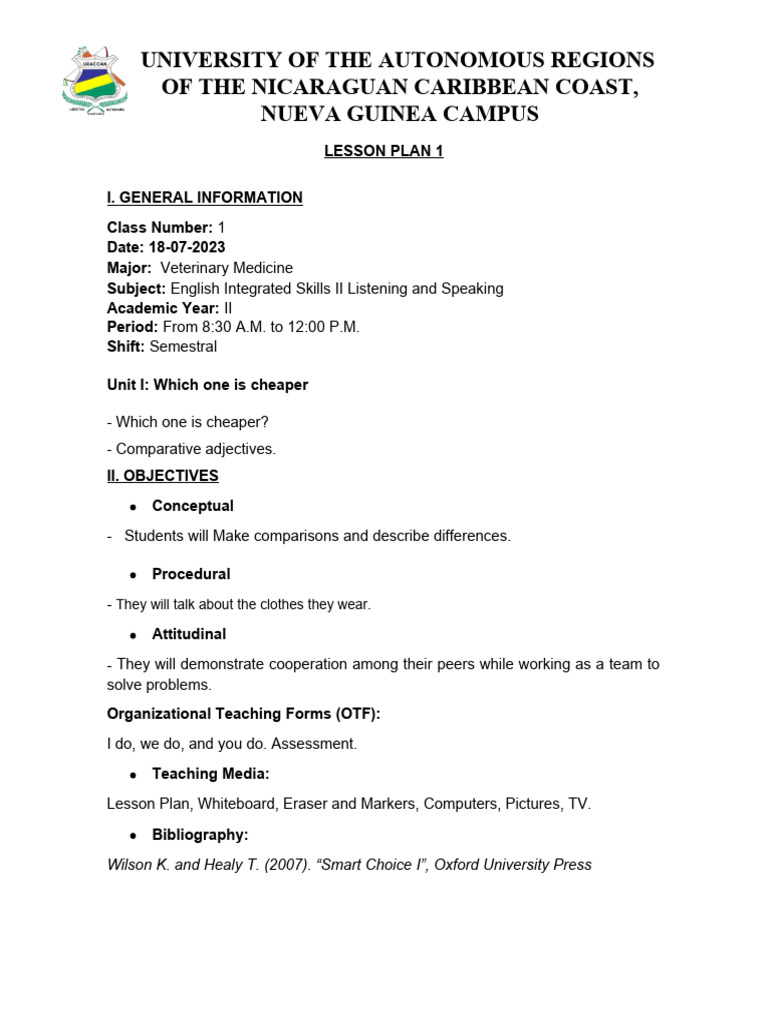 English Integrated II Class One | PDF | Adjective | Lesson Plan