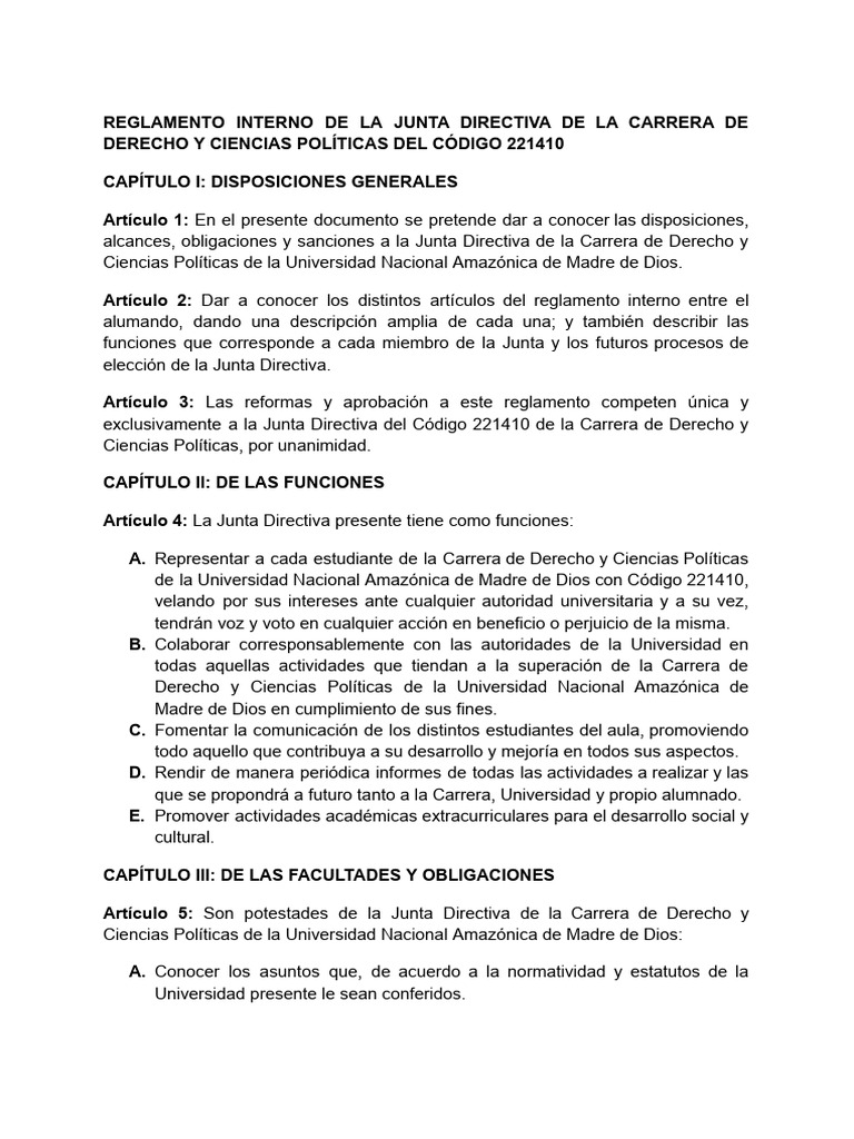 Reglamento Interno de La Junta Directiva de La Carrera de Derecho y Ciencias Pol - Ticas Del C ...
