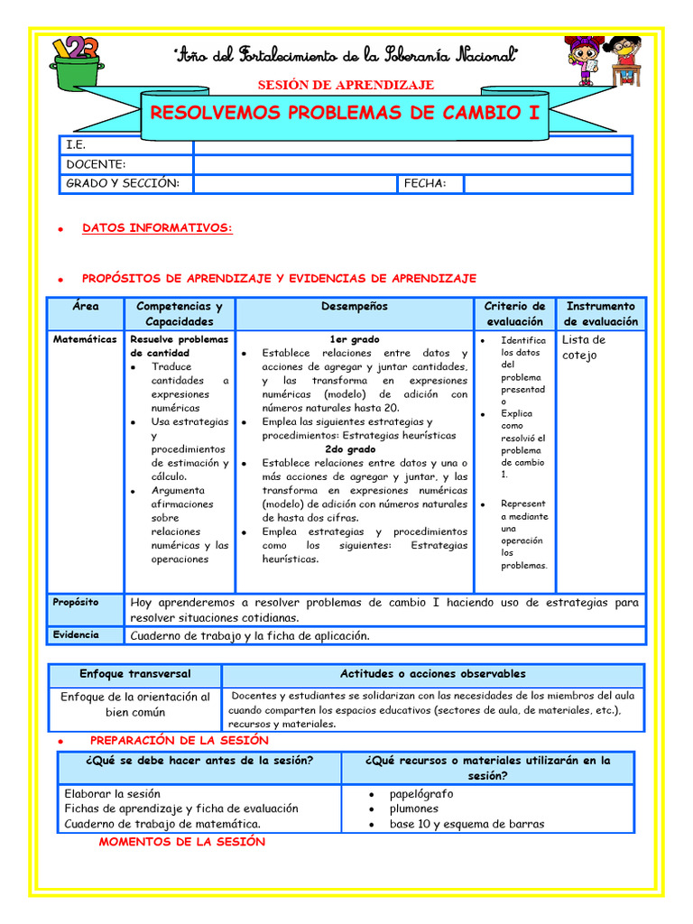 Iii E9 S2 Sesion D2 Mat Resolvemos Problemas De Cambio 1 Pdf