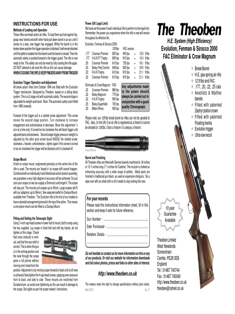 Theoben Eliminator Crow-Magnum Fenman Sirocco Evolution Owners Manual | PDF