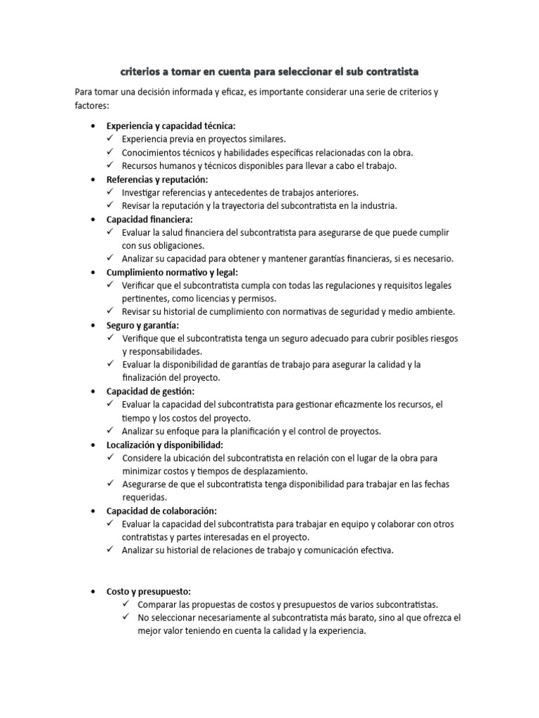 Criterios A Tomar en Cuenta para Seleccionar El Sub Contratista | PDF