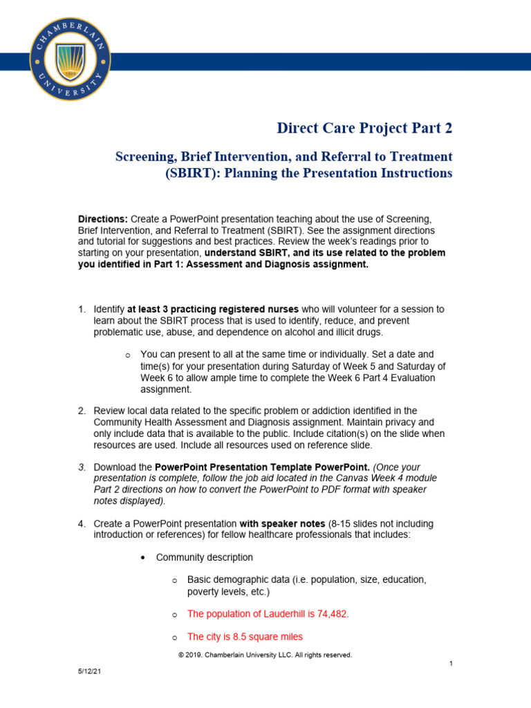 COMMUNITY HEALTH W4 - Part2 - SBIRT - PlanningYourPresentation - Instructions | PDF