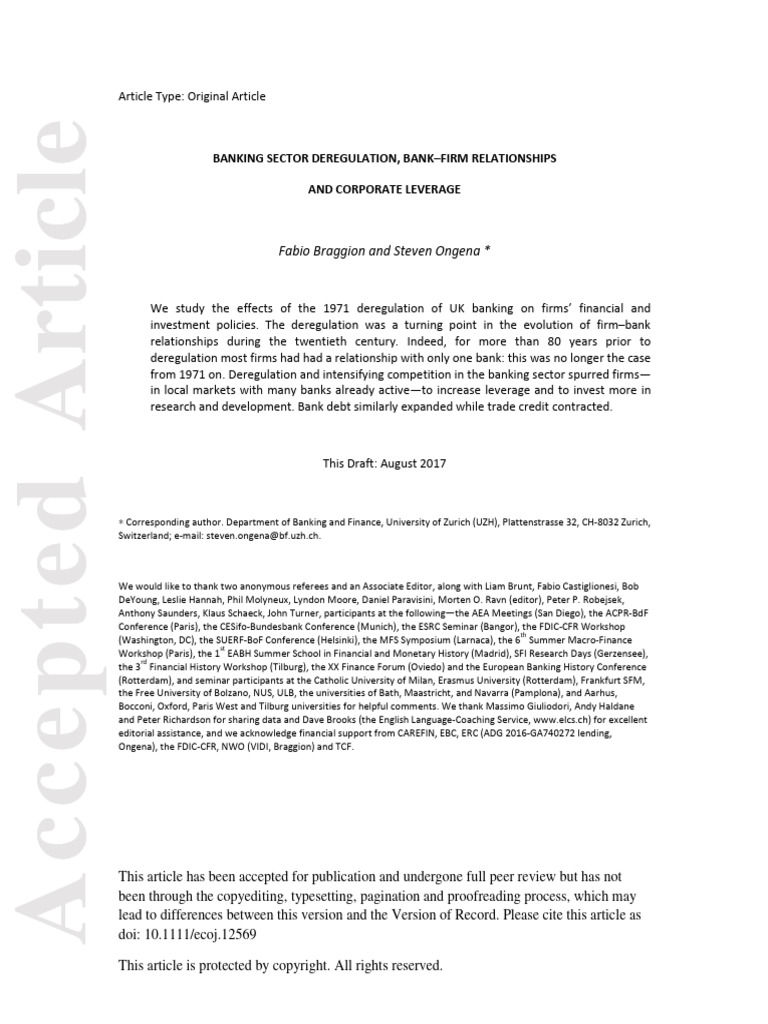 Fabio Braggion and Steven Ongena 2017 | PDF | Banks | Monetary Policy