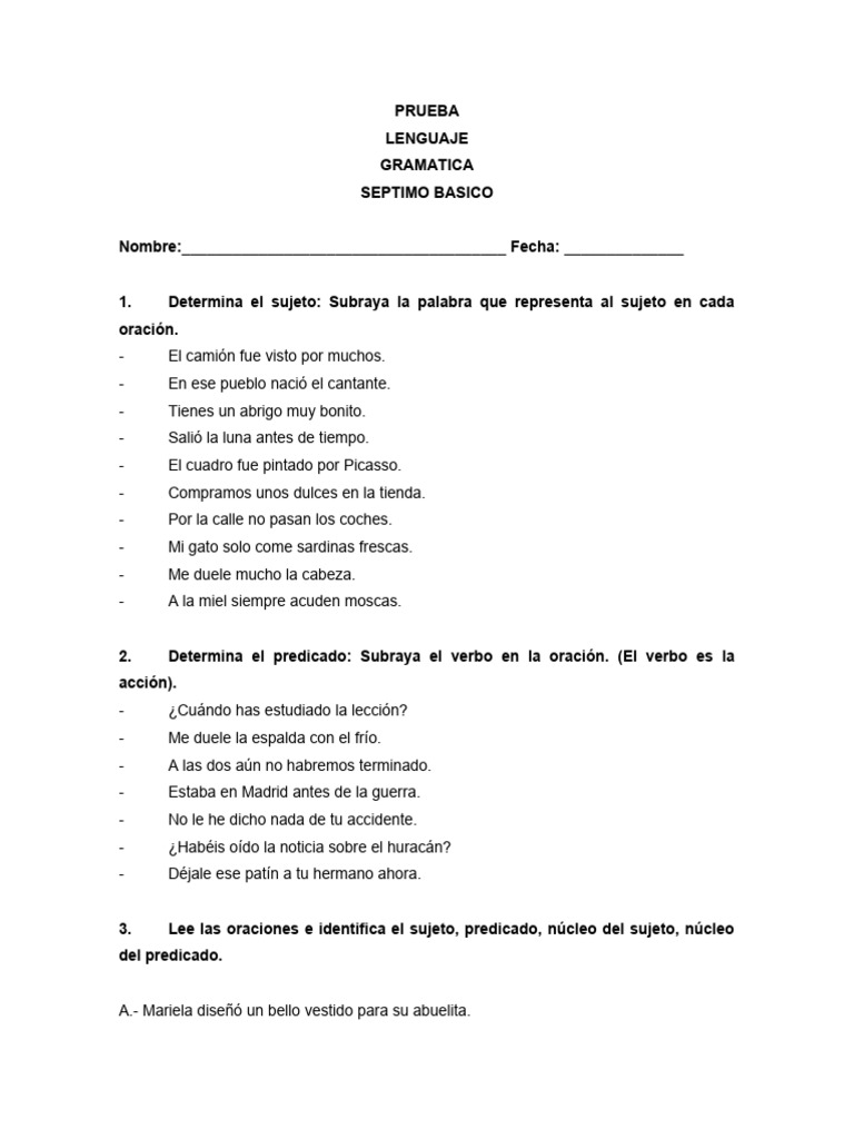 Prueba Lenguaje (Gramatica) Septimo Basico | PDF
