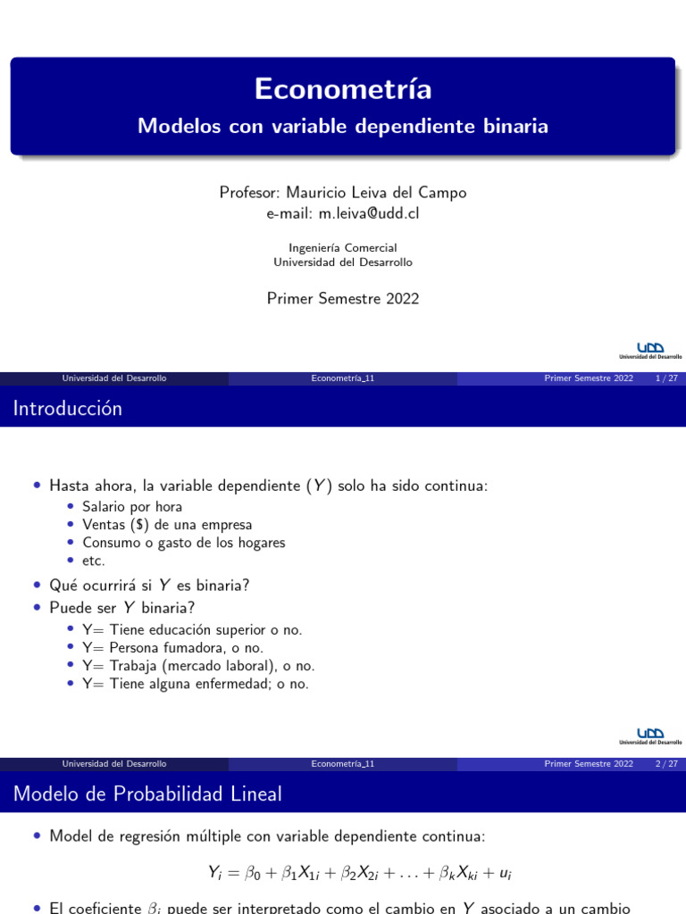 Econometría - 11 - 2022 - 1 | PDF | Regresión logística | Regresión lineal