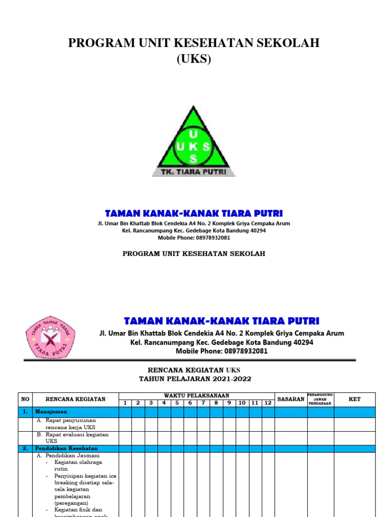 Program UKS TK Tiara Putri 2021-2022 | PDF