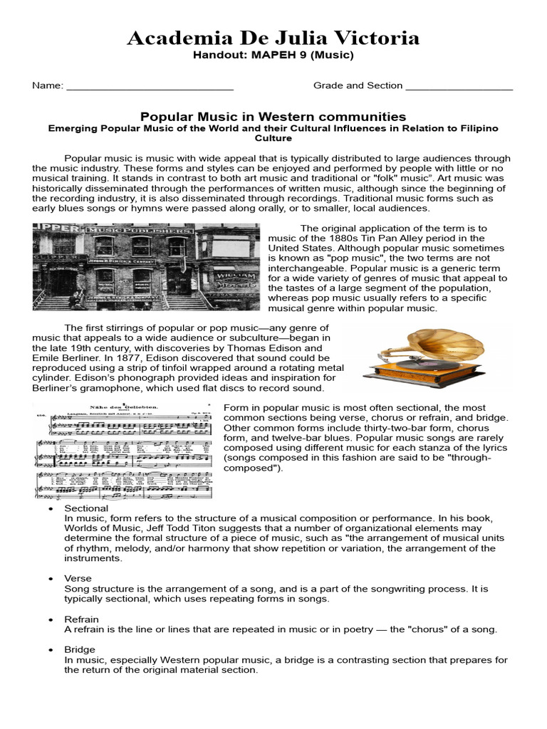Handout Music 9 | PDF | Popular Music | Refrain