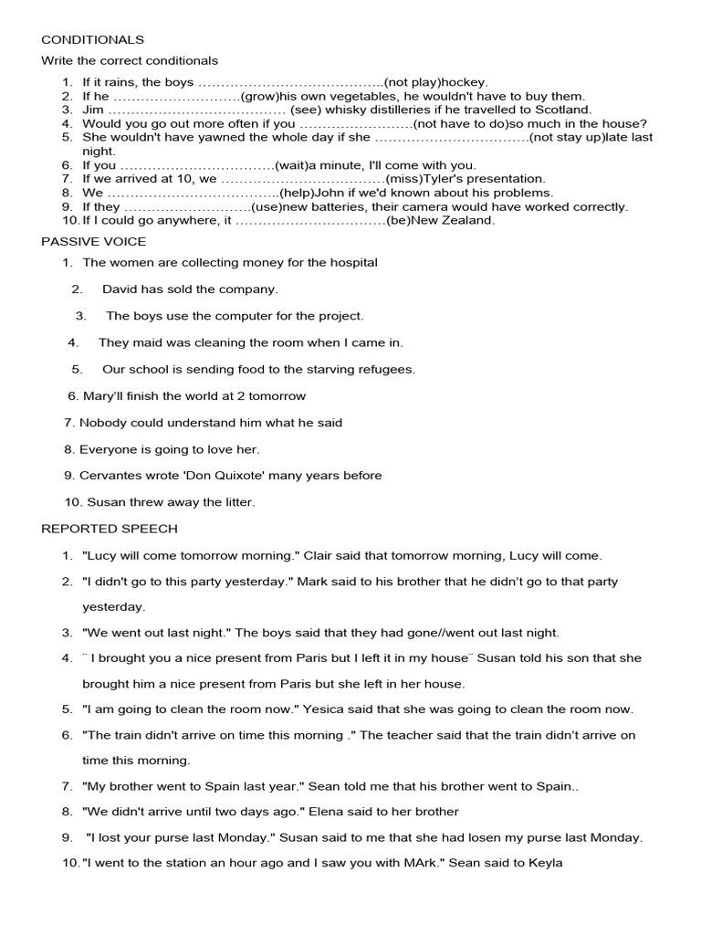 Passive, Conditionals and Reported Speech Practice | PDF