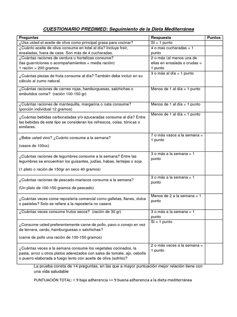 Seguimiento de La Dieta Mediterranea Cuestionario Predimed | PDF | ensalada | Carne