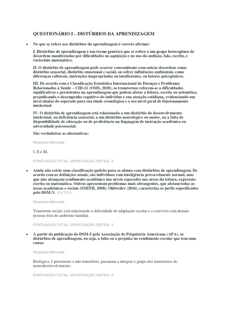 Questionário I - Distúrbios Da Aprendizagem | PDF | Distúrbio mental ...