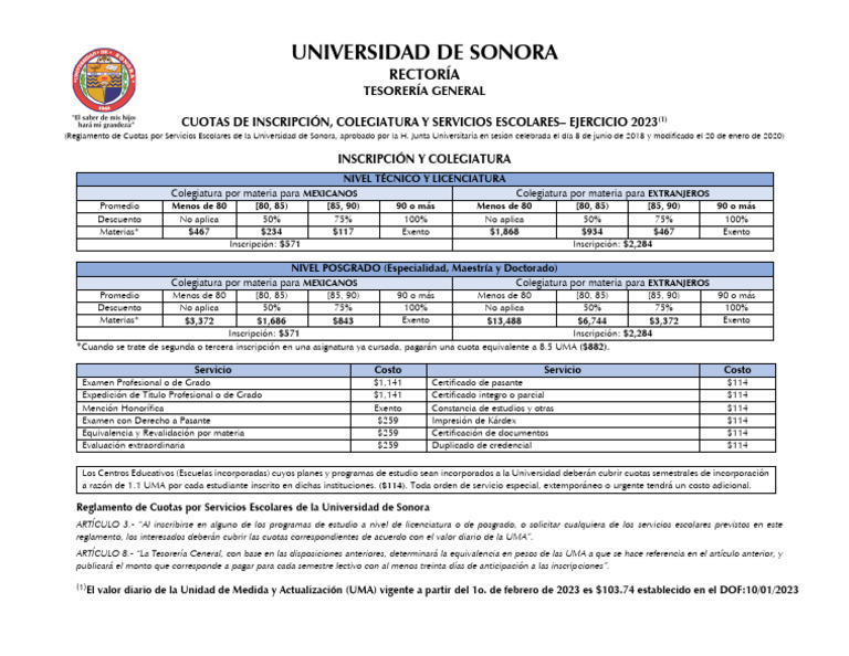 CUOTAS-INSCRIPCION-COLEGIATURA-Y-SERVICIOS-2023-.Unison Navojoa. | PDF