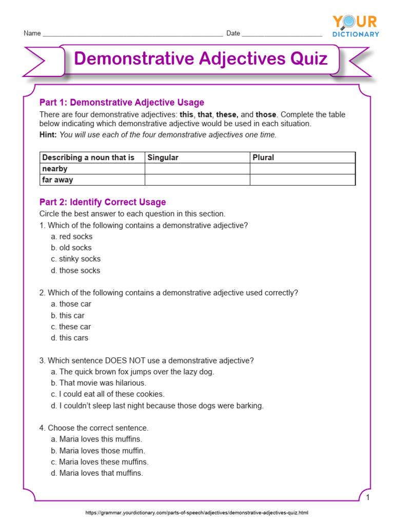Demonstrative Adjectives Quiz | PDF | Adjective | Grammatical Number