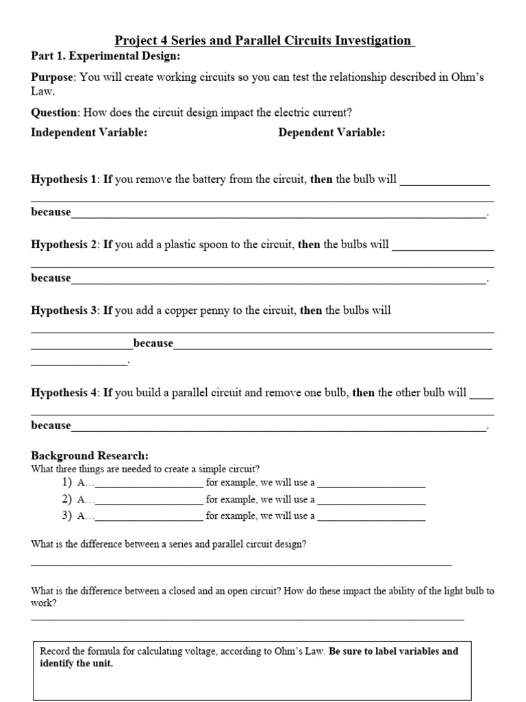 Project 4 Series and Parallel Circuits Investigation: Identify The Unit ...
