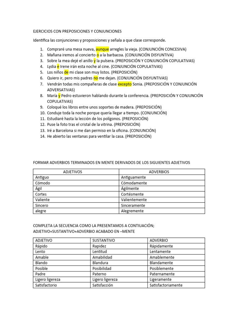 Ejercicios de Preposiciones y Conjunciones | PDF | Lingüística ...