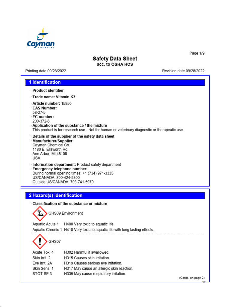 Safety Data Sheet: 1 Identification | PDF | Dangerous Goods | Occupational Safety And Health