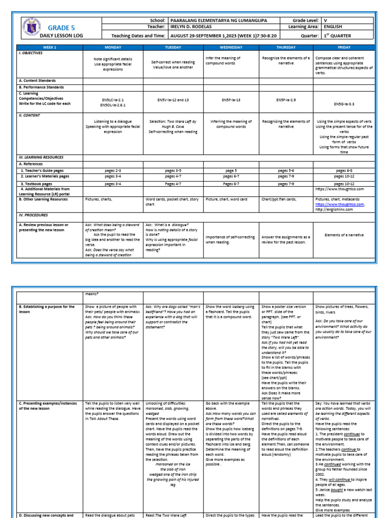 DLL G5 Q1 WEEK 1 ALL SUBJECTS Mam Inkay Peralta | PDF | Word | Verb