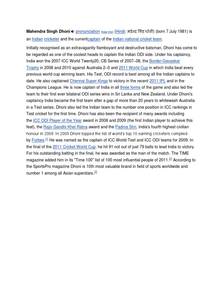 Mahendra Singh Dhoni: A Cricket Legend | PDF