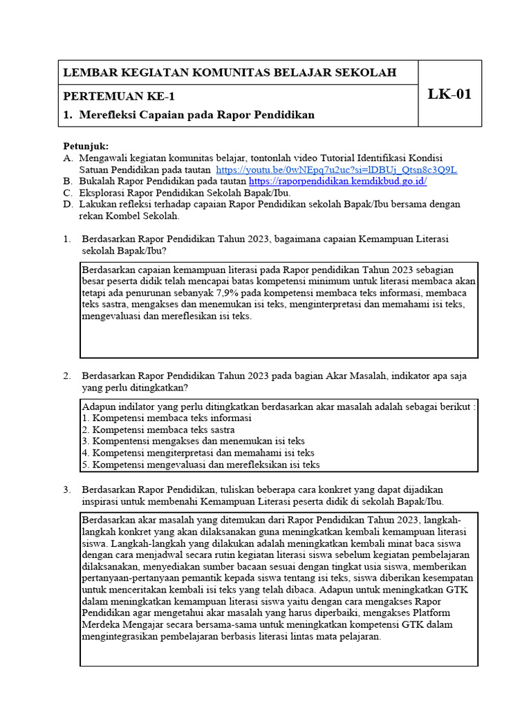LK-01 Merefleksi Rapor Pendidikan | PDF