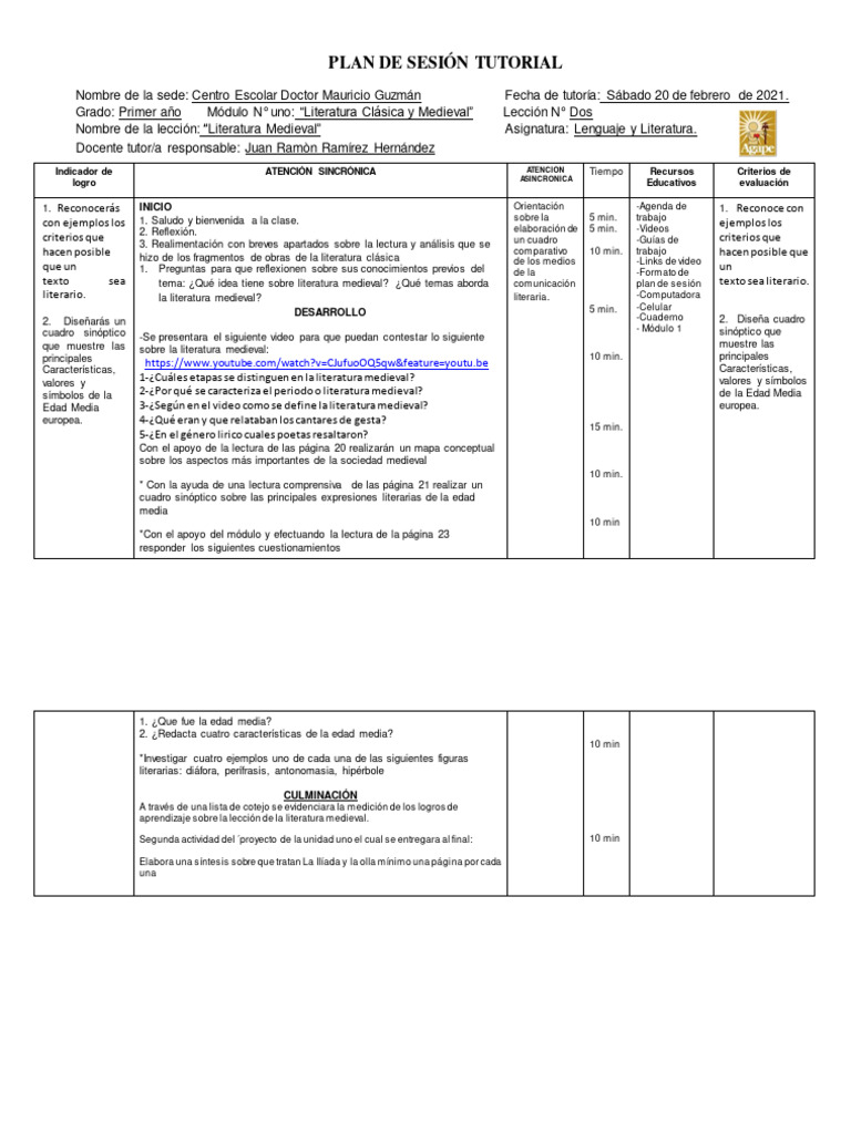 Plan de Sesión Tutorial. Lección 2. Módulo 1. Primer Año | PDF | Literatura medieval