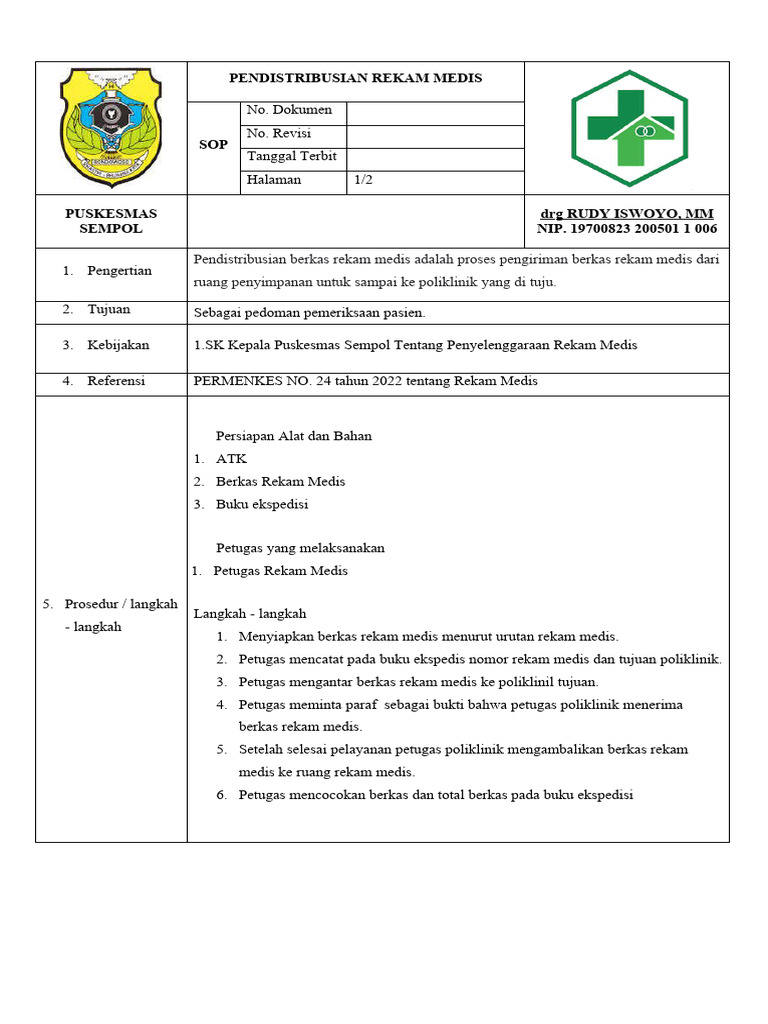 SOP Pendistribusian Rekam Medis | PDF | Kesehatan Holistik | Sains & Matematika
