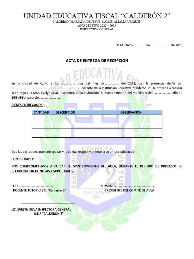 ACTA de Entrega Recepcion de Aulas 2022-2023 | PDF