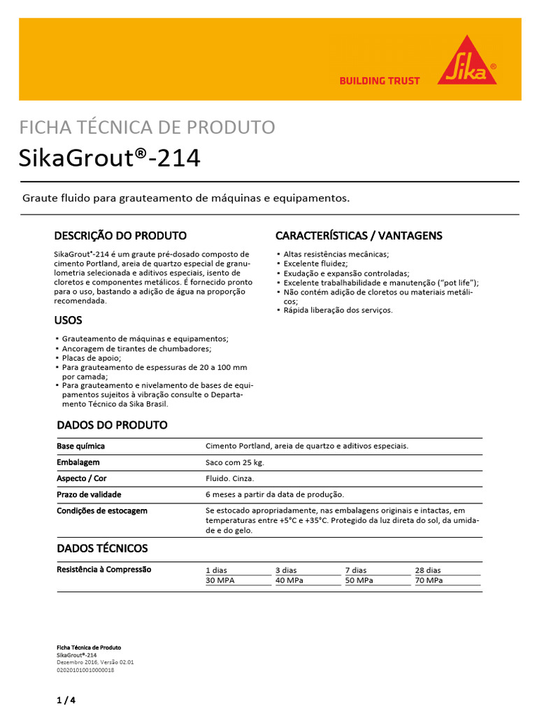 Sikagrout - 214 | PDF | Cimento | Materiais