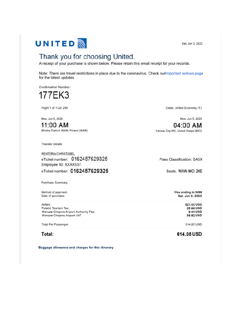 United Airlines E-Reciept Itinerary | PDF