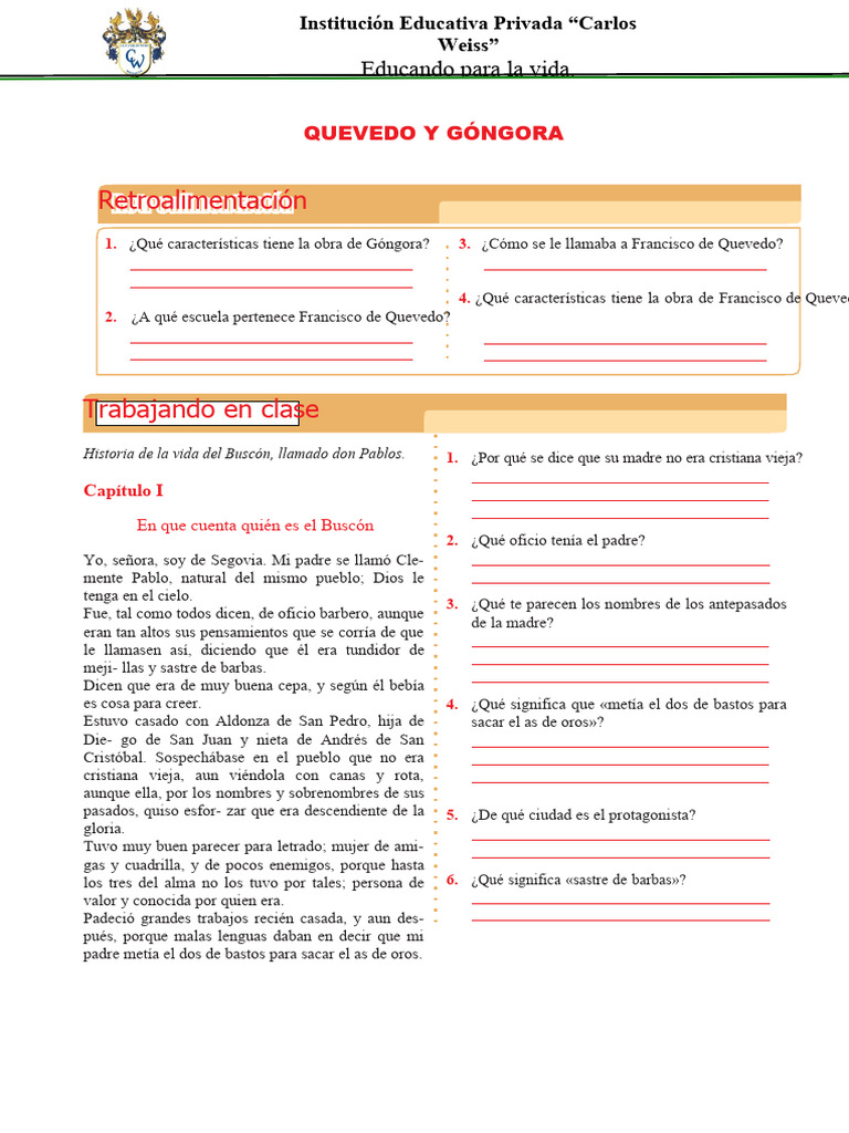 Quevedo y Góngora para Segundo Grado de Secundaria | PDF | Literatura ...