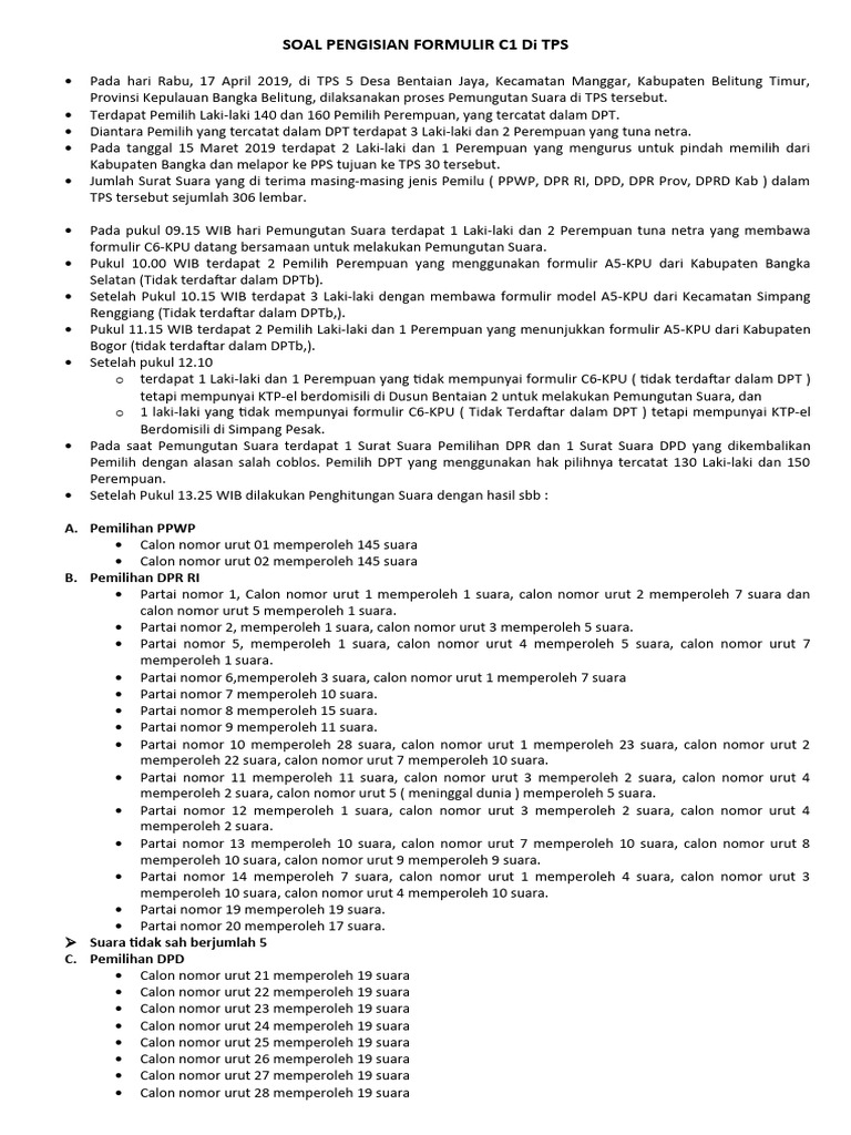 SOAL PENGISIAN FORMULIR C1 Di TPS Ok Bentaian | PDF