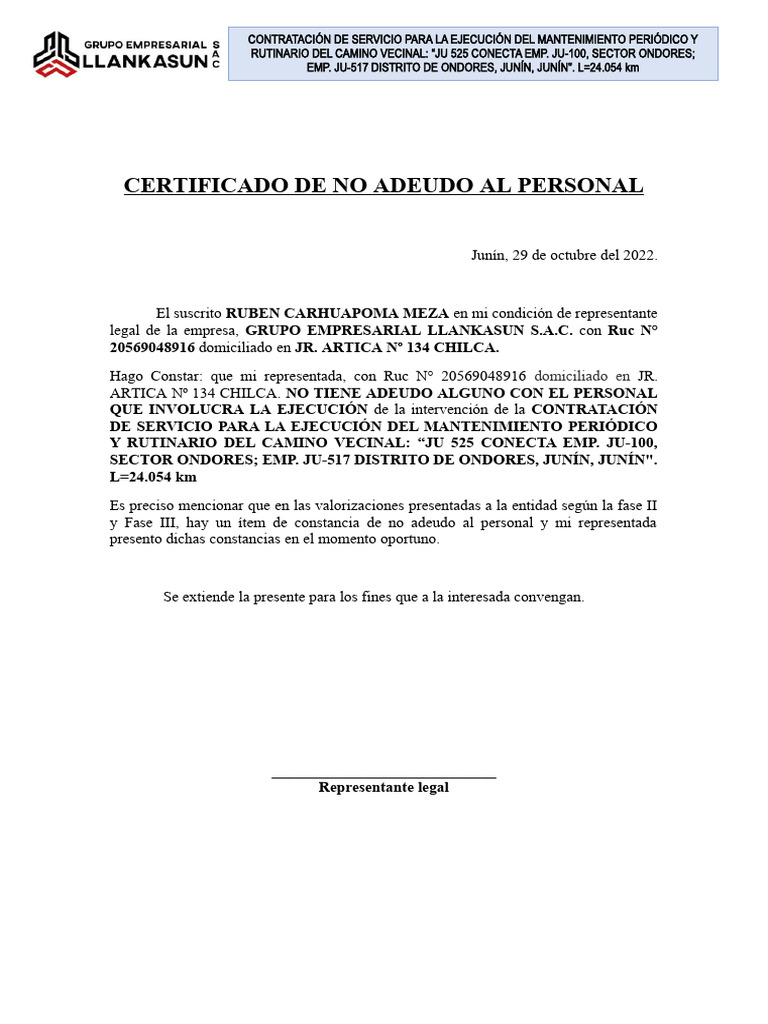 Certificado de No Adeudo Laboral | PDF