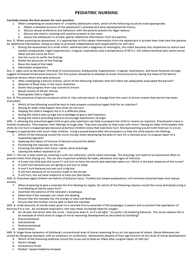 Pediatric Nursing - Quiz | PDF | Cerebral Palsy | Infants