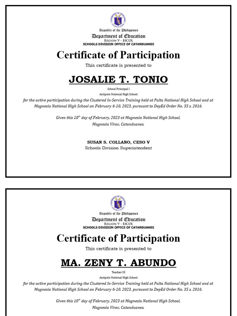 Certificate of Participation- ANHS | PDF