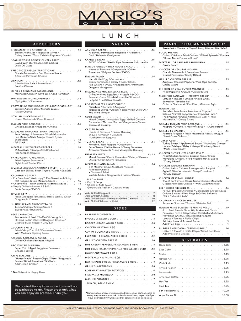 Marios Osteria Lunch Menu | PDF