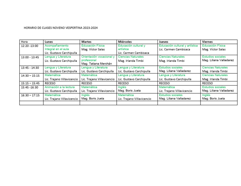 Horario de Clases Noveno Vespertina 2023 | PDF