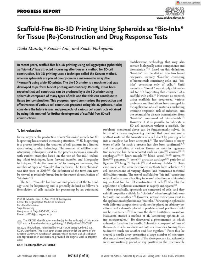 Adv Healthcare Materials - 2020 - Murata - Scaffold Free Bio 3D ...