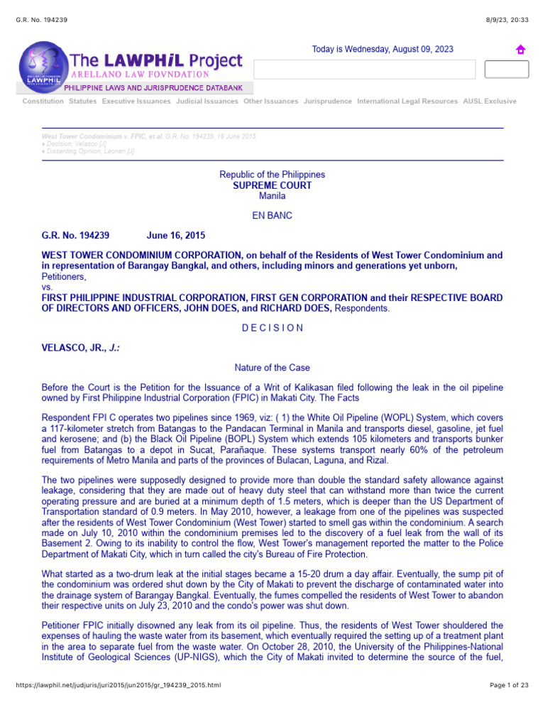 Writ of Kalikasan: West Tower vs FPIC | PDF | Pipeline Transport | Leak