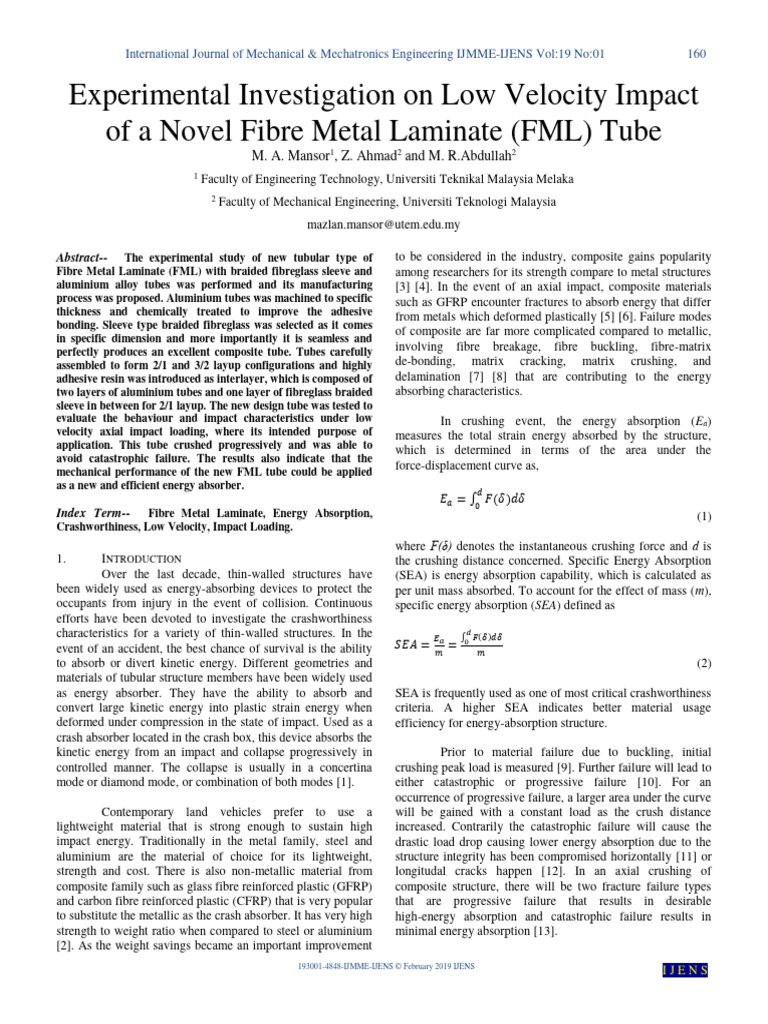 Experimental Investigation On Low Velocity Impact of A Novel Fibre Metal Laminate FML Tube | PDF ...