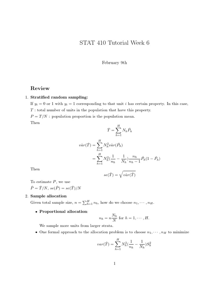 Stat 410 Tutorial Week 6 Pdf Sampling Statistics Stratified Sampling