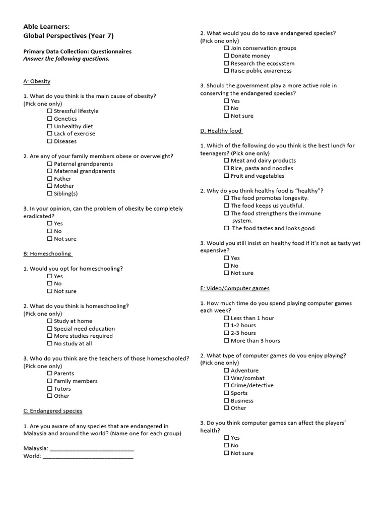 Questionnaire | PDF | Healthy Diet | Obesity