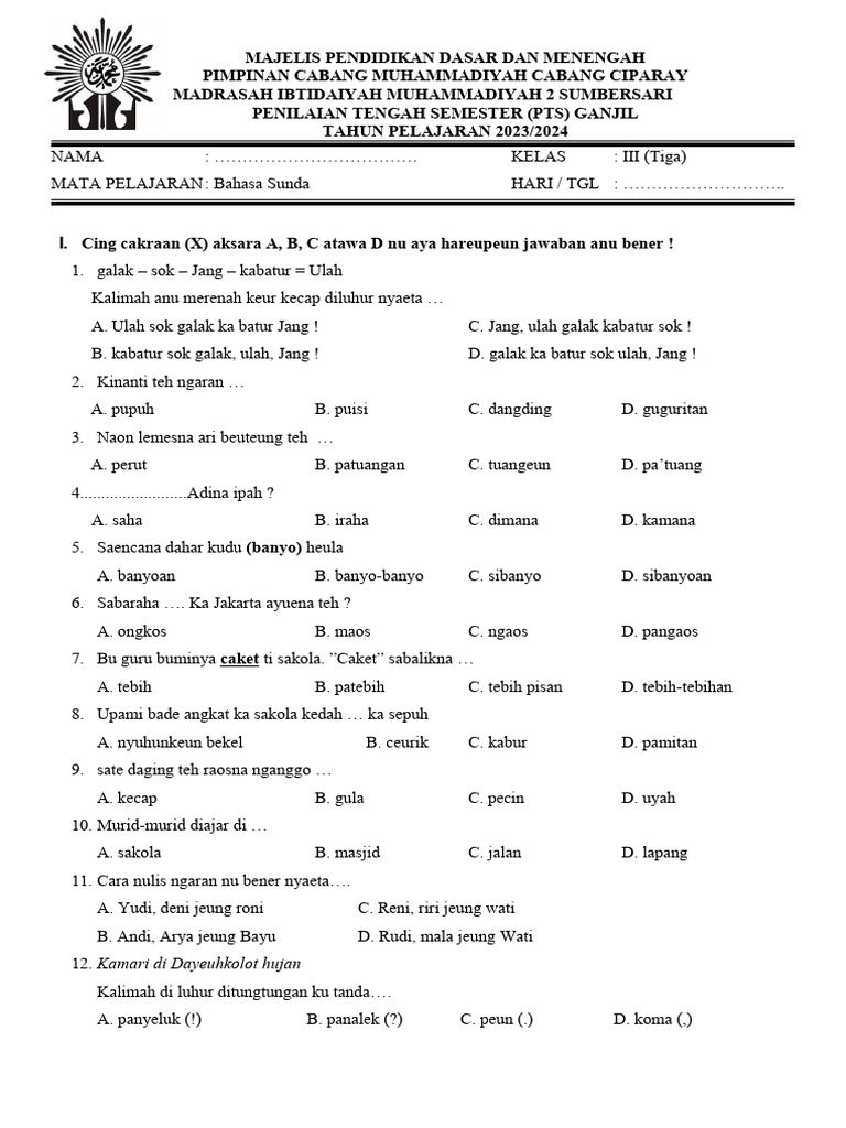 Soal PTS B. Sunda Kelas 3 Sem.1 2023 2024 | PDF | Seni
