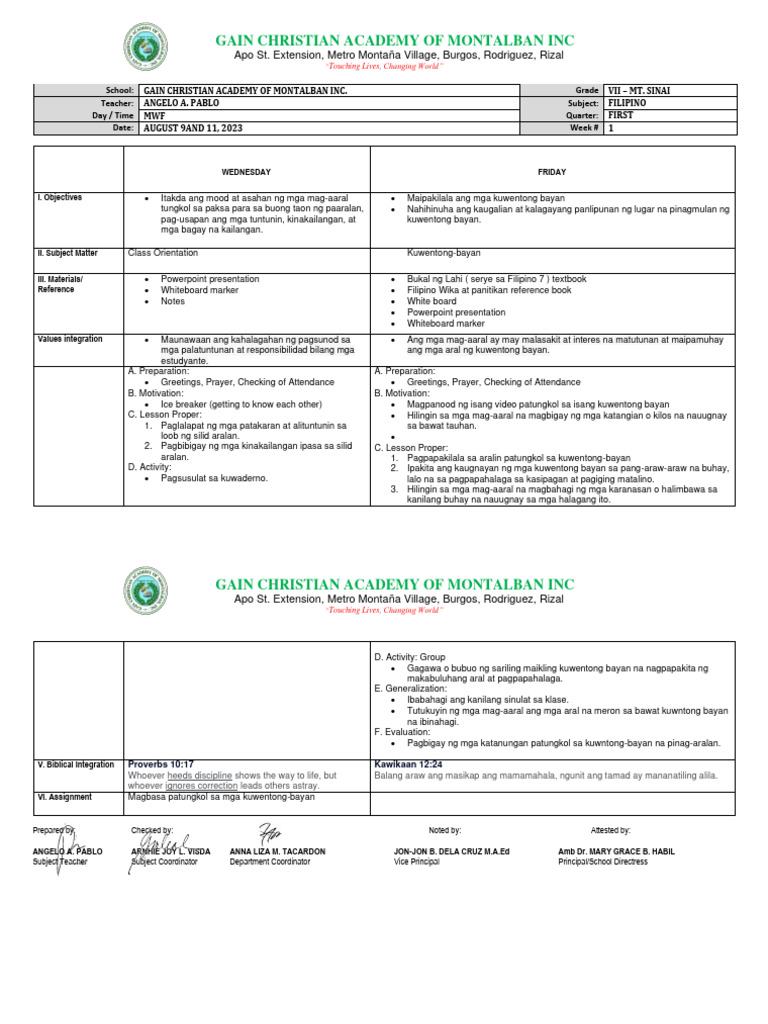 LP - Wk1 (Aug7-Aug11) - Filipino 7 - Sir Angelo - SY2023-2024 Checked | PDF