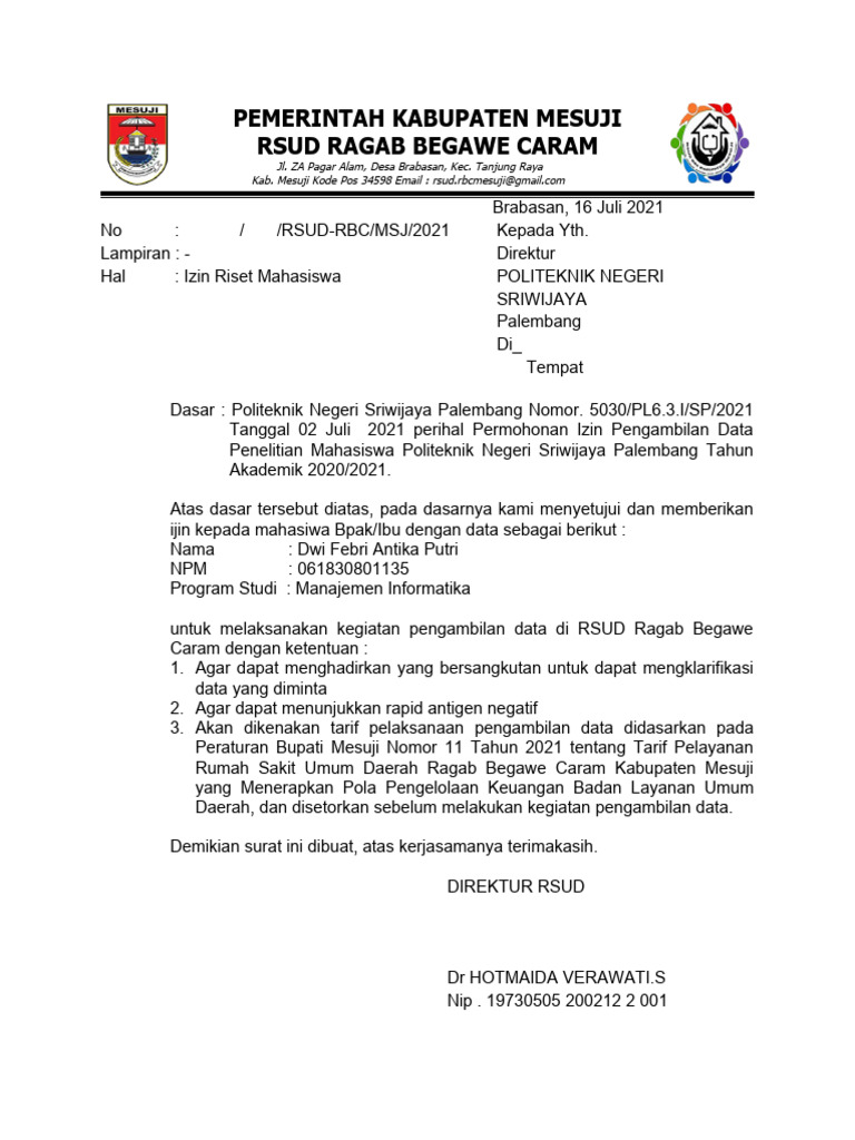 Balasan Surat Politeknik Negeri Sriwijaya Atas Nama Dewi Febri | PDF