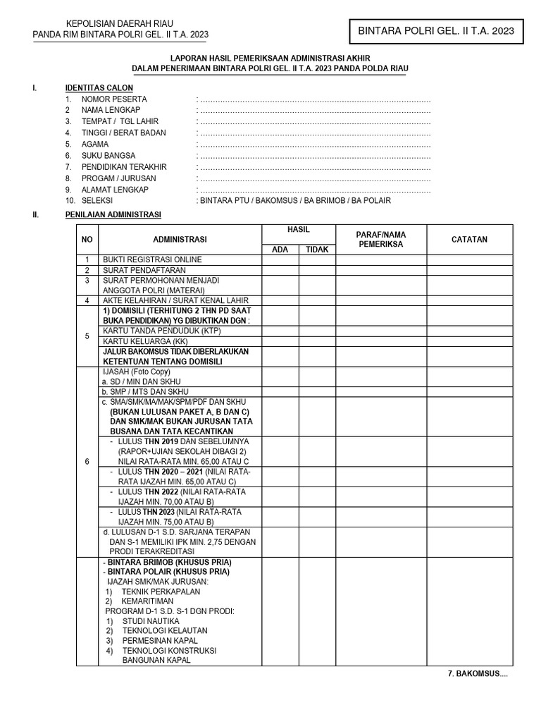 Check List Rikmin Akhir Bintara Gel Ii 2023 Pdf