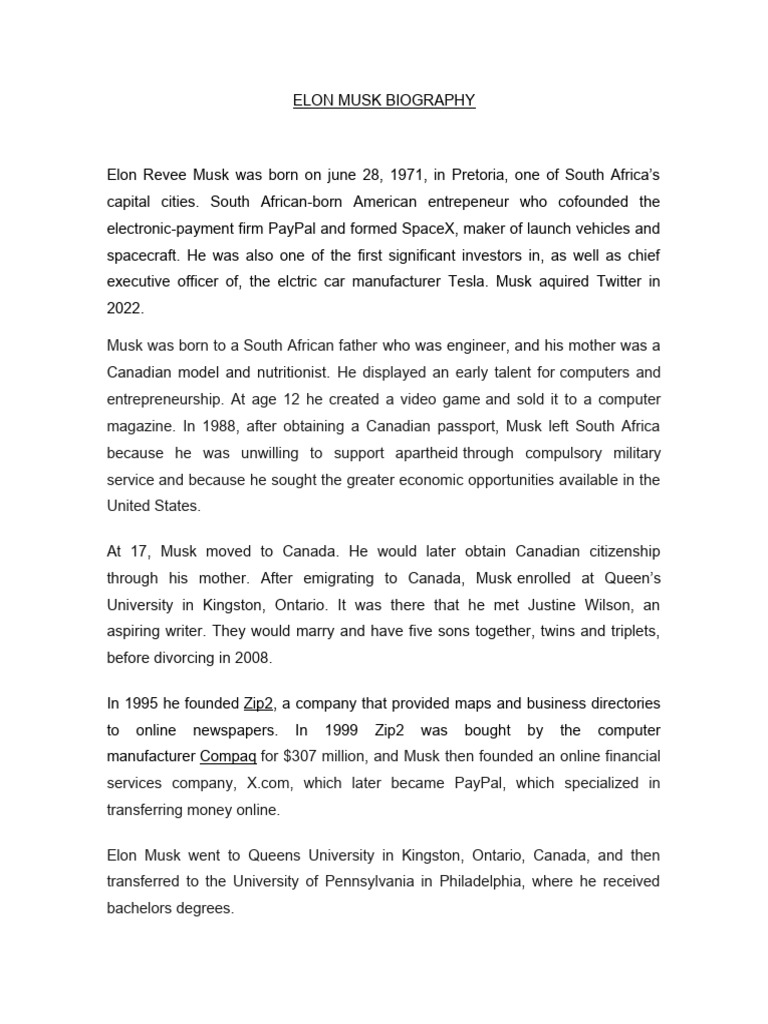 Elon Musk Biography | PDF