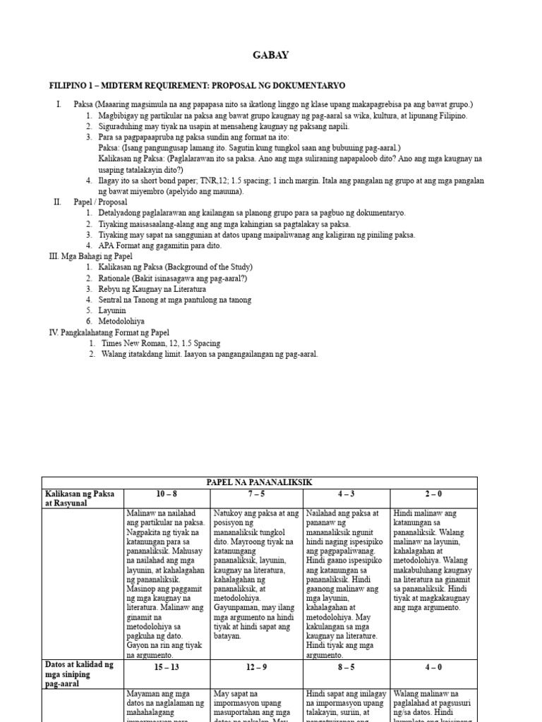 Proposal at Dokumentaryo - Filipino 1 (2023-2024) | PDF