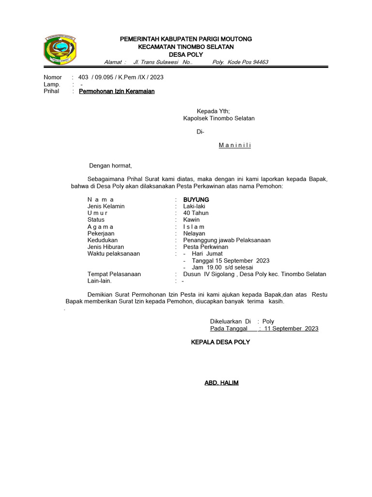 Surat Permohonan Izin Pesta | PDF